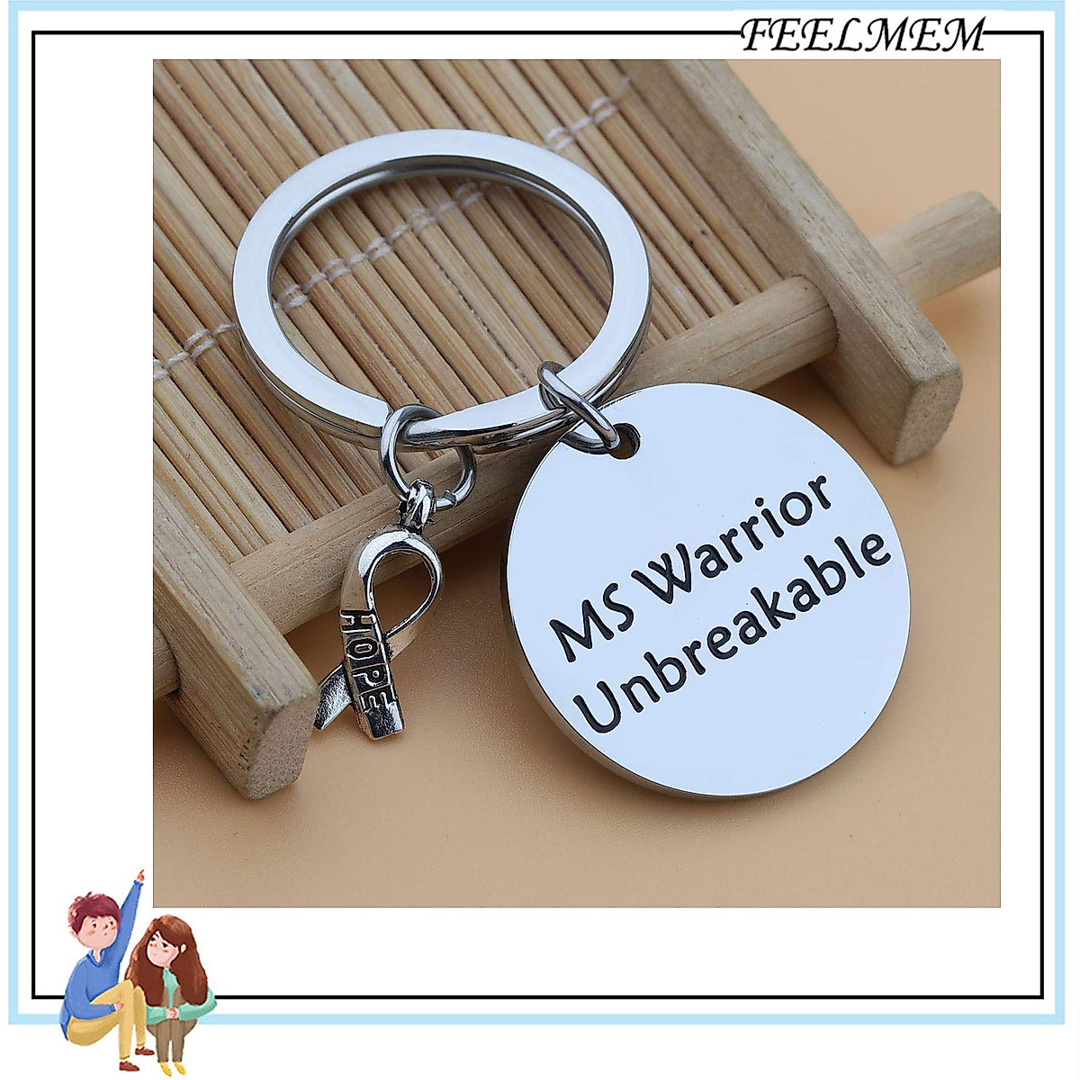 FEELMEM MS Awareness Jewelry Ms Warrior Unbreakable Keychain Multiple Sclerosis Awareness Gift Cancer Fighter Gift MS Survivor Inspirational Hope Gifts (silver)