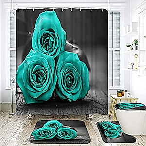 AtGoWac 4 Pieces Flower Shower Curtain Sets with Rugs, Teal Blue and Grey Rose Flower Shower Curtain and Flower Bath Mat, Set of 4 Piece