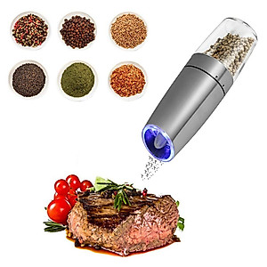 Gravity Electric Pepper Grinder, Salt and Pepper Mill & Adjustable Coarseness, Battery Powered with LED Light, One Hand Automatic Operation, Stainless Steel (Single/Silver)