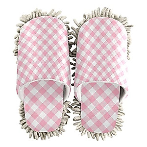 Kigai Microfiber Cleaning Slippers Pink Gingham Washable Mop Shoes Slipper for Men/Women House Floor Dust Cleaner, Size M