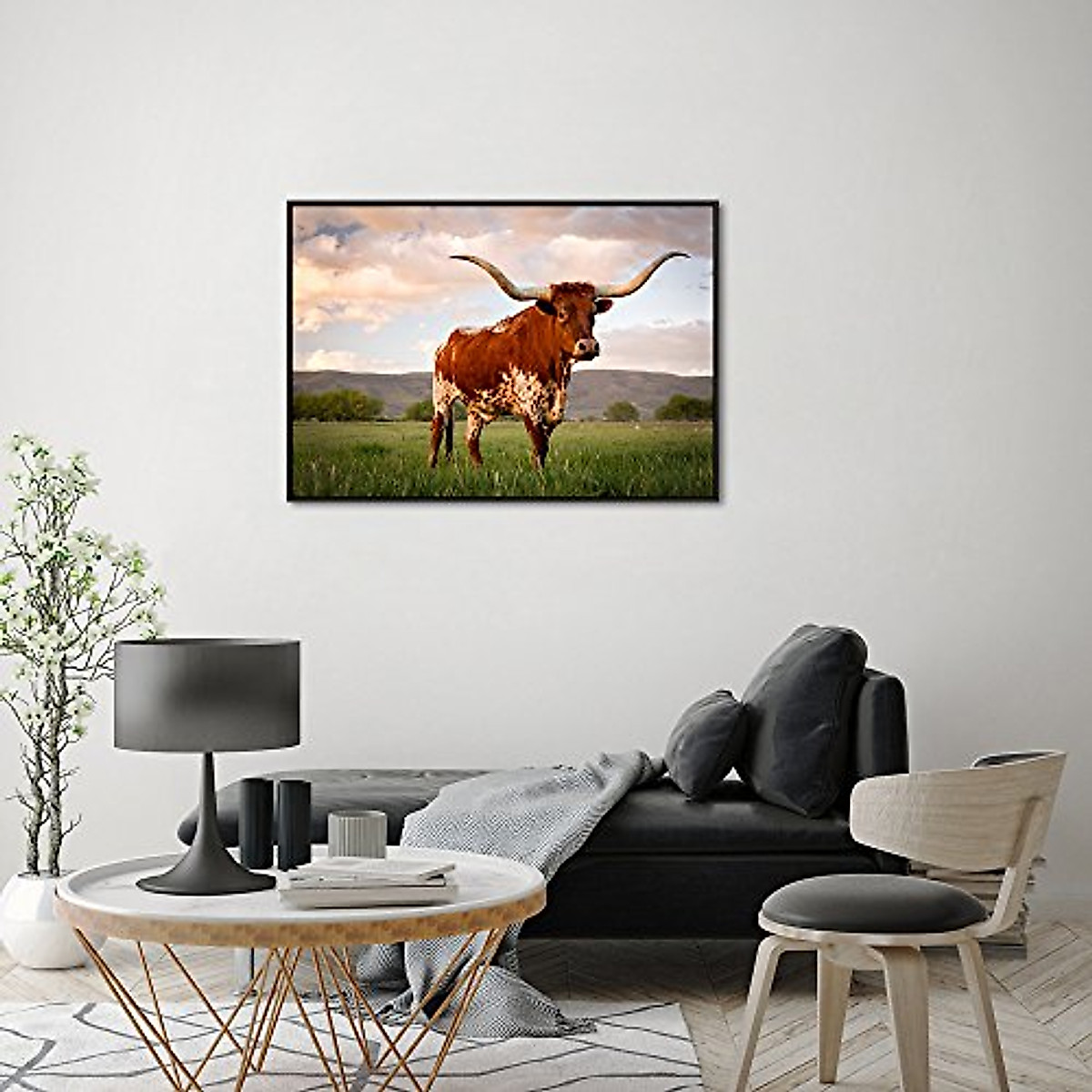Visual Art Decor Large Animals Canvas Wall Art Texas Longhorn in Sunset Farm Picture Prints Framed and Stretched Painting for Modern Home Living Room Decoration (28"x40" Origin)