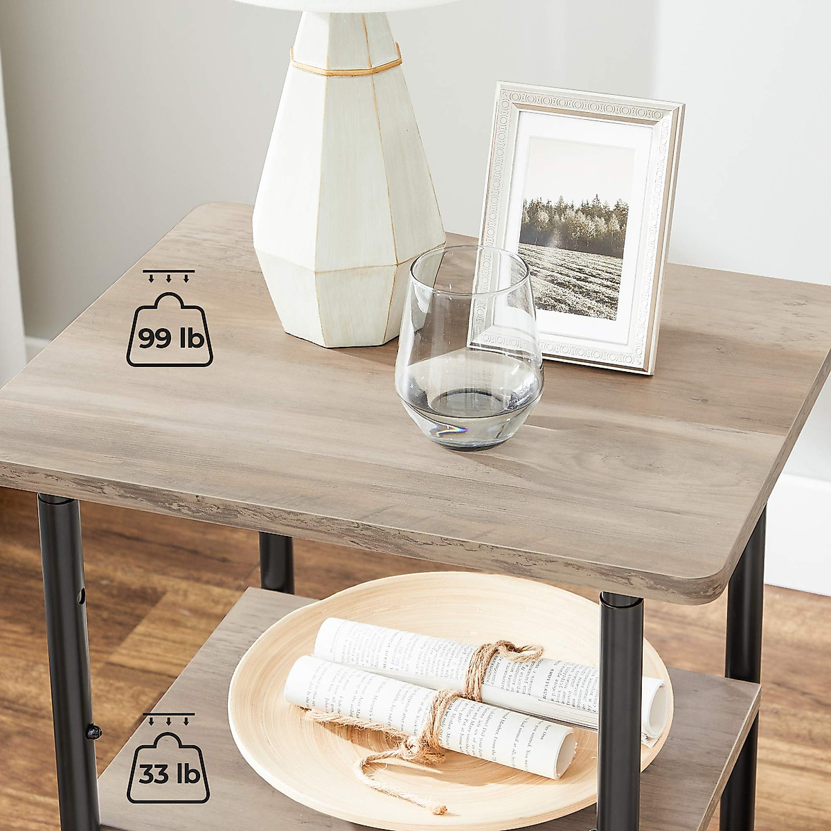 VASAGLE Printer Stand, 3-Tier Machine Cart with Wheels and Adjustable Table Top, Heavy Duty Storage Rack for Office and Home, Greige + Black