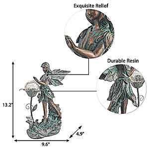 TERESA'S COLLECTIONS Large Garden Fairy Outdoor Statue, Solar Garden Sculptures & Statues with Crackle Glass Globe, Bronze Patina Garden Art for Lawn Patio Balcony Decor 13.2 inch