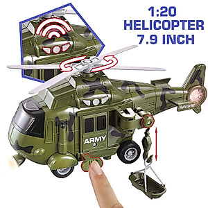 5 Pack Friction Powered Truck Toy Set(8 Inch) Including Garbage Truck, Construction Truck, Fire Truck, Police Car, Helicopter, All with 4D Stunning Light and Sound, Vehicles Toys for Boy Toddler Kid