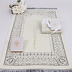 Personalized Prayer Rug Prayer Beads Quran Islamic Gift Set, Chenille Prayer Rug Pearl Prayer Beads Velvet Full Arabic Quran, Ramadan Eid Wedding Birthday Graduation (Beige)