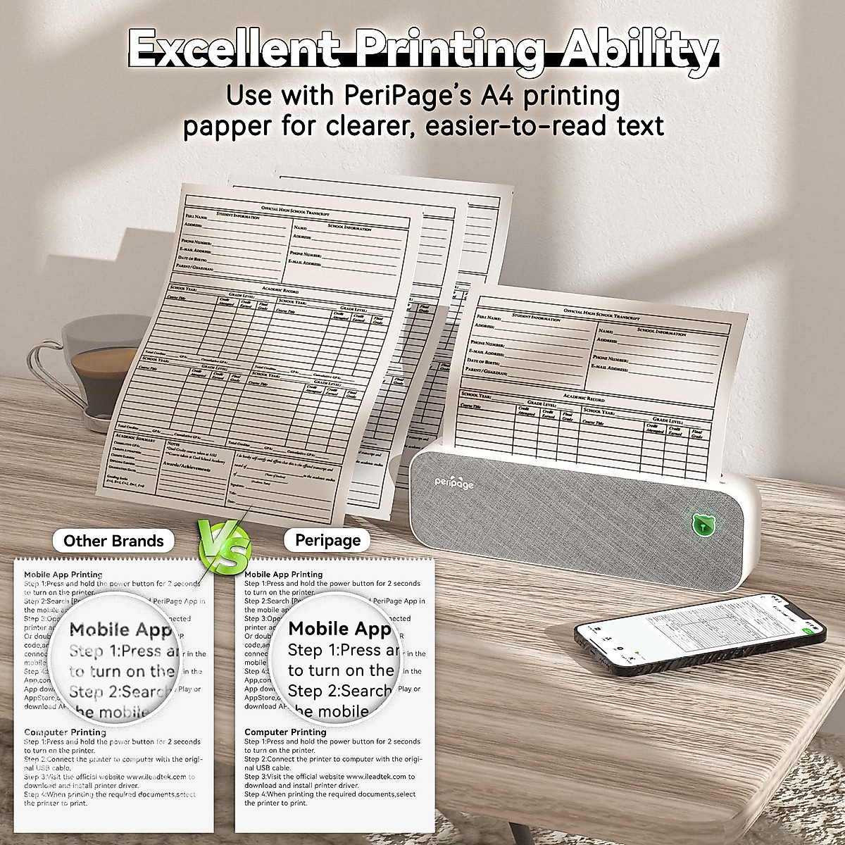PeriPage Thermal Inkless Portable Printer, Supports 8.26"x11.69" US Letter, Wireless Bluetooth Mobile Travel Printer, Compatible with Android and iOS, Prints Documents,Tattoo Paper, Photos