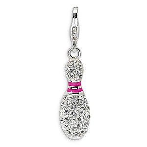 Amore La Vita Sterling Silver Rhodium-plated Polished 3-D Reversible Enameled Bowling Pin Charm with Fancy Lobster Clasp QQCC314
