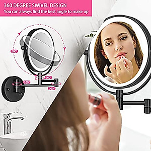 SanaWell Makeup Mirror with Lights and Magnification 3X/1X, 8 Inch Double Sided Wall Mounted Mirror [One Button Switch], Extendable Arm 360° Swivel Vanity Mirror Powered by Plug-in AC Cord (Black)
