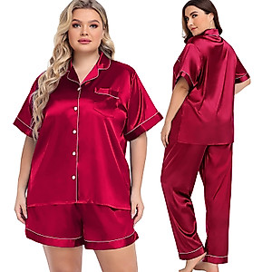 SWOMOG Womens Silk Satin Pajamas Set 3pcs Summer Pj Sets Plus Size Loungewear Button-Down Loose Rose Pink Sleepwear 18W