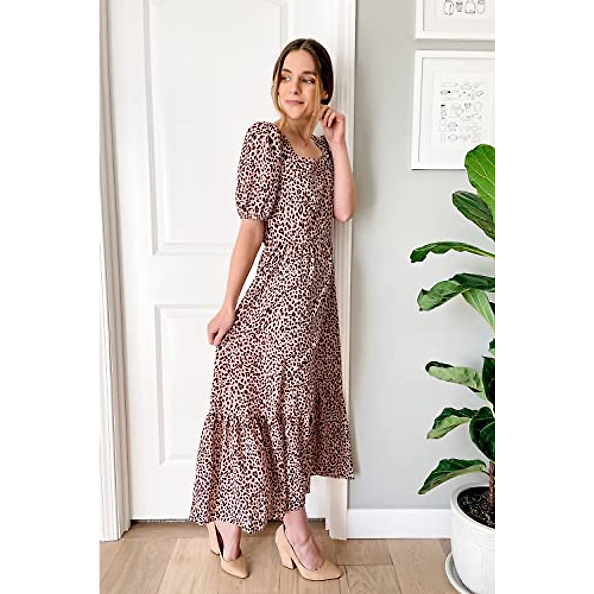 PRETTYGARDEN Women's Bohemian Dress Leopard Tie-Back Square Neck Puff Sleeve Ruffled Hem Summer Maxi Dresses(Pink,Large)