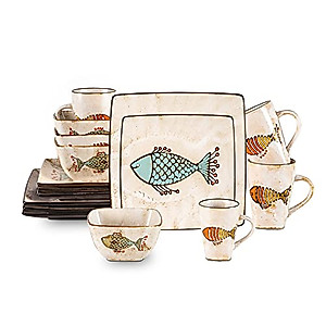 HomeVss, Stoneware Artisan Hand Painted Fish, 16pc Reactive Glaze Dinnerware Set