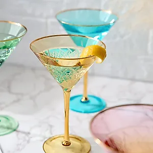Crystal Martini Glasses Colored - Set of 4 - Stemmed Multi-Color Glass, Great for all Drink Types and Occasions - Luxury, Durable, Hand-Blown Vintage Art Deco Coupe for Champagne, Martini, Cocktails