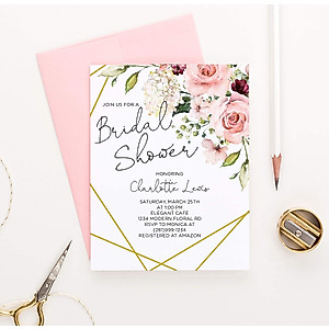 Floral Bridal Shower Invitations, Elegant Bridal Shower Invitations, Your choice of Quantity and Envelope Color