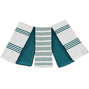 Serafina Home Solid Striped White Teal Kitchen Dish Towels: 100% Cotton Cloth Soft Cleaning Drying Ultra Absorbent, Set of 5 Multipurpose for Everyday Use (Teal White)