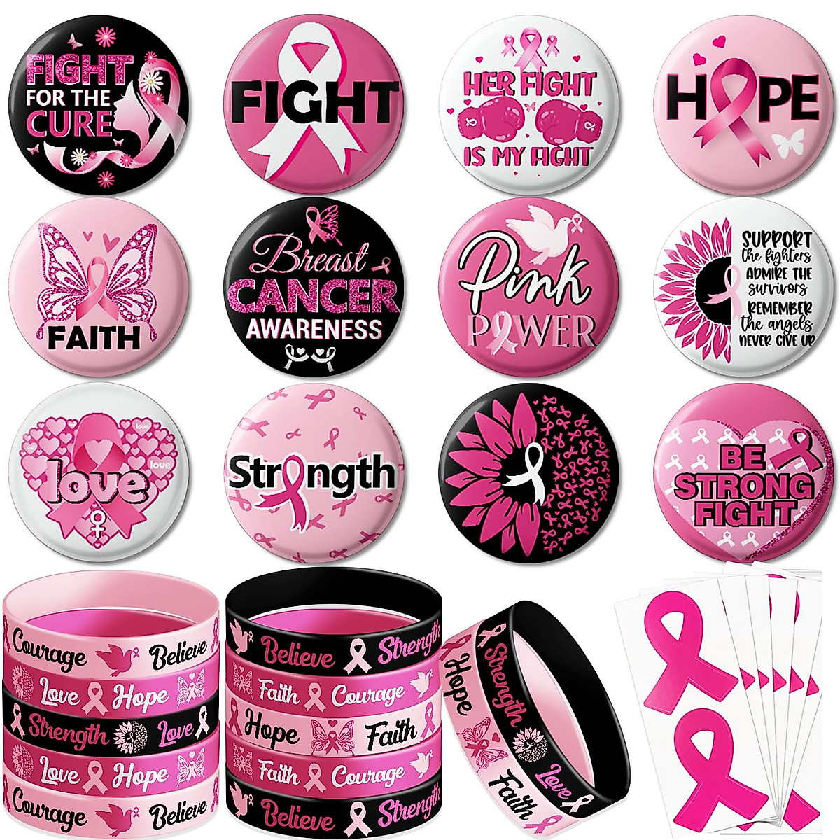 98Pcs Breast Cancer Awareness Accessories, Breast Cancer Awareness Decorations With 24Pcs Pink Ribbon Breast Cancer Buttons, 24Pcs Breast Cancer Bracelets and 50Pcs Pink Breast Cancer Stickers