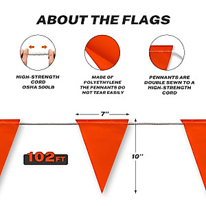 NACARUM Fluorescent Orange OSHA Perimeter Marking Flags (102FT string) Warn of hazardous areas, traffic control.Marking construction sites, scaffolding, sporting events, private property.