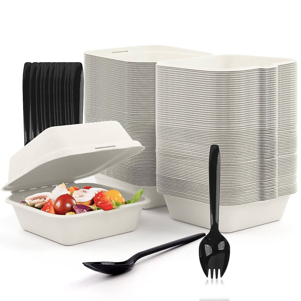 Clamshell Food Containers,100 Pack Hinged Container Disposable Bagasse Take Out Food Box,Single Compartment Takeout Hamburger Box with Hinged Lid for Kitchens, Restaurants, Food Trucks (White)