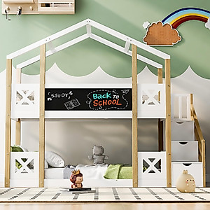 Harper & Bright Designs Twin Over Twin Floor Bunk Bed with Stairs, Wood House Bunk Bed Frame with Storage Staircase and Blackboards, for Kids Girls Boys, White and Natural