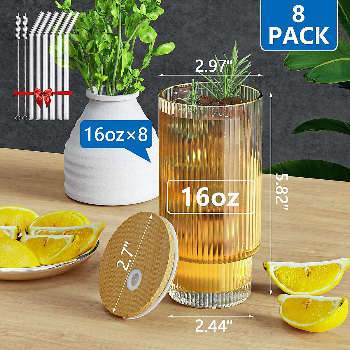 CWHHRN Glass Cups, 16OZ Vintage Glass Coffee Cups with Lids and Straws 8 Set, Vintage Glassware for Whiskey Cocktail Beer, Iced Coffee Cups with Lid, Glass Tumbler with Straw and Lid