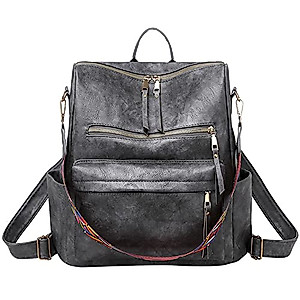 Leather Backpack Bag For Women,Unisex Travel Laptop Shoulder Purse Black Rucksack, A Large, Elegant, (Grey, One Size)
