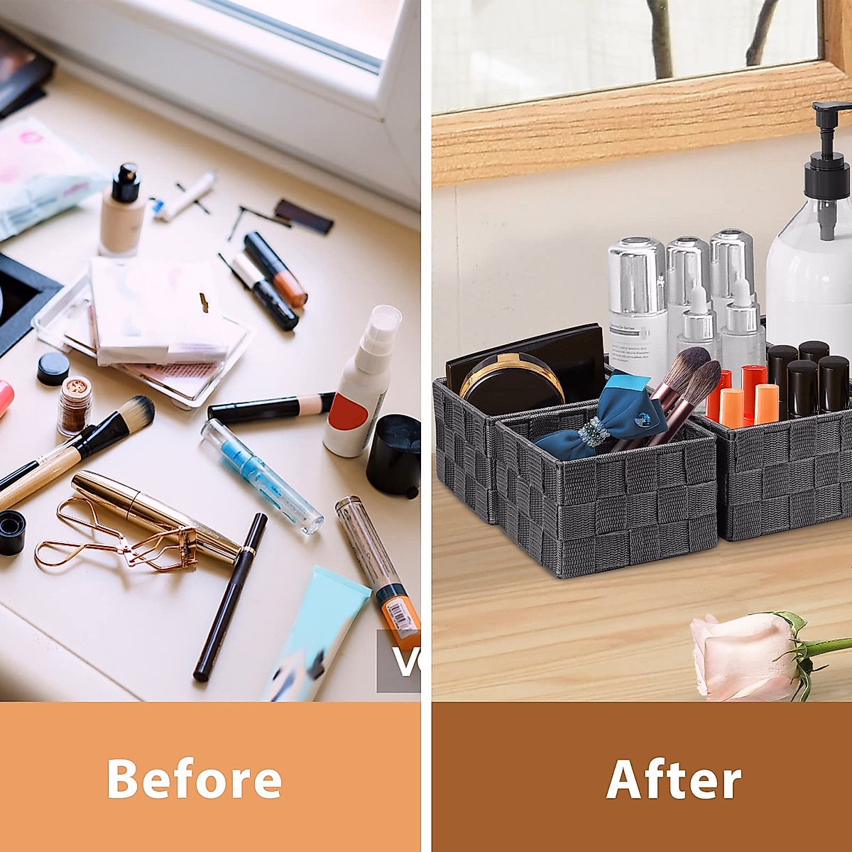 Posprica Woven Storage Baskets for Organizing 6 Pack, Large&Small Storage Cube Bins Set for Bathroom, Storage Boxes Container for Drawer, Closet, Shelf, Dresser, Dark Grey