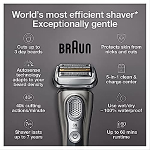 Braun Electric Razor for Men, Waterproof Foil Shaver, Series 9 9385cc, Wet & Dry Shave, With Pop-Up Beard Trimmer for Grooming, Clean & Charge SmartCare Center and Leather Travel Case, Black
