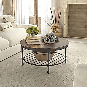 Gezen 2-Tier Round Coffee Table, Industrial Coffee Table for Living Room, Wooden Tabletop Rustic Steel Accent Table with Storage Open Shelf- Metal Frame - Retro Brown