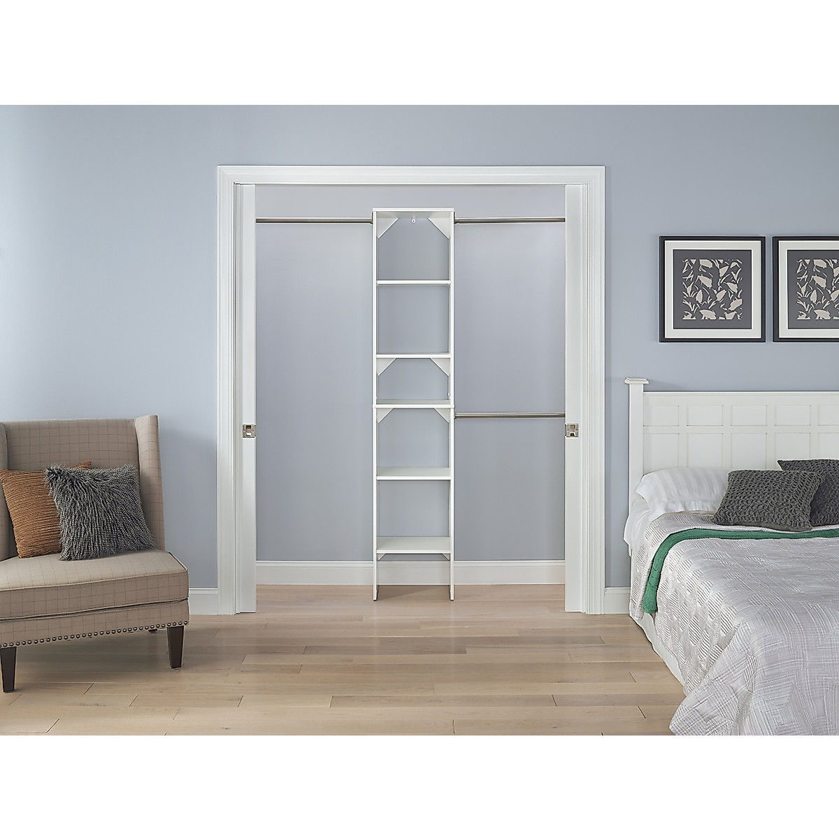 ClosetMaid SuiteSymphony Wood Closet Organizer Starter Kit with Tower and 3 Hang Rods, Shelves, Adjustable, Fits Spaces 4 – 9 ft. Wide, Pure White, 16"