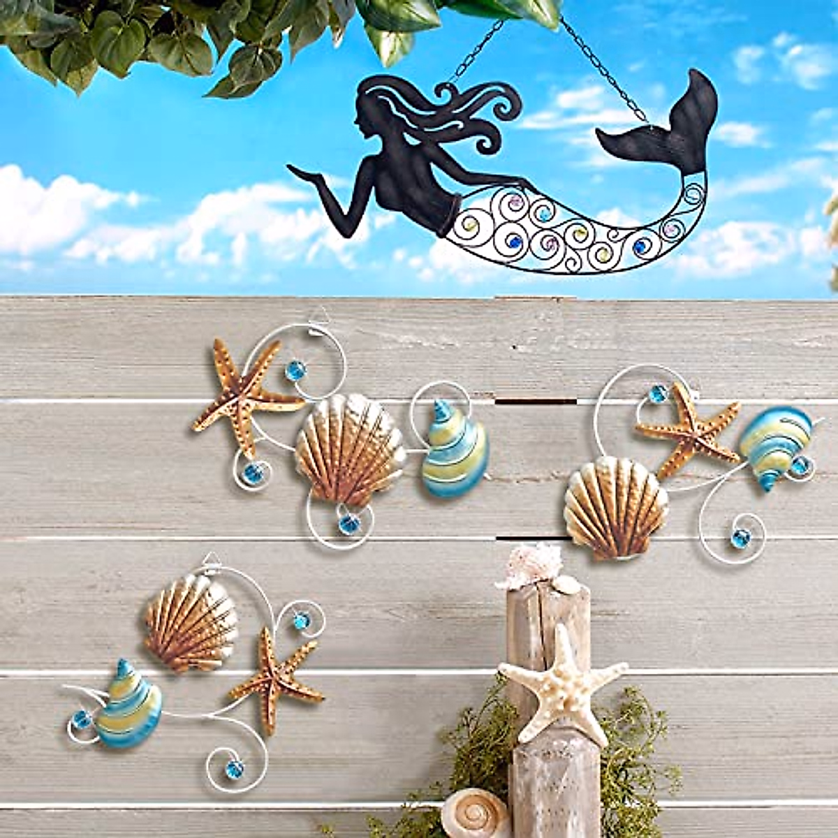 VividLadybug Beach Wall Decor Seashell starfish metal wall decor ocean theme Marine Coast decor suitable for home bathroom coast wall decor Set of 3