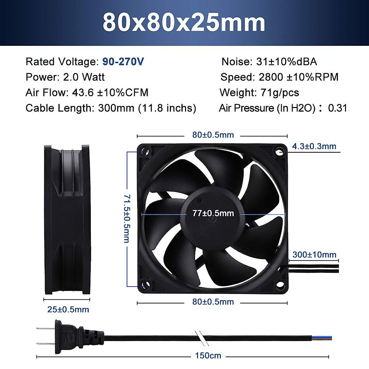 Wathai EC Axial Fan AC 110V 115V 120V 220V 240V Brushless Cooling Fan 80mm x 25mm for Desktop