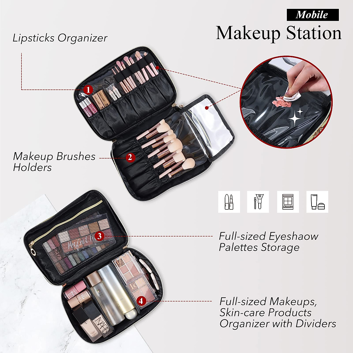 Stagiant Double Layer Makeup Bag, Large Cosmetic Bag, Travel Makeup Case with Dividers Makeup Organizer Bag Cosmetic Train Case for Cosmetics Toiletries, Black