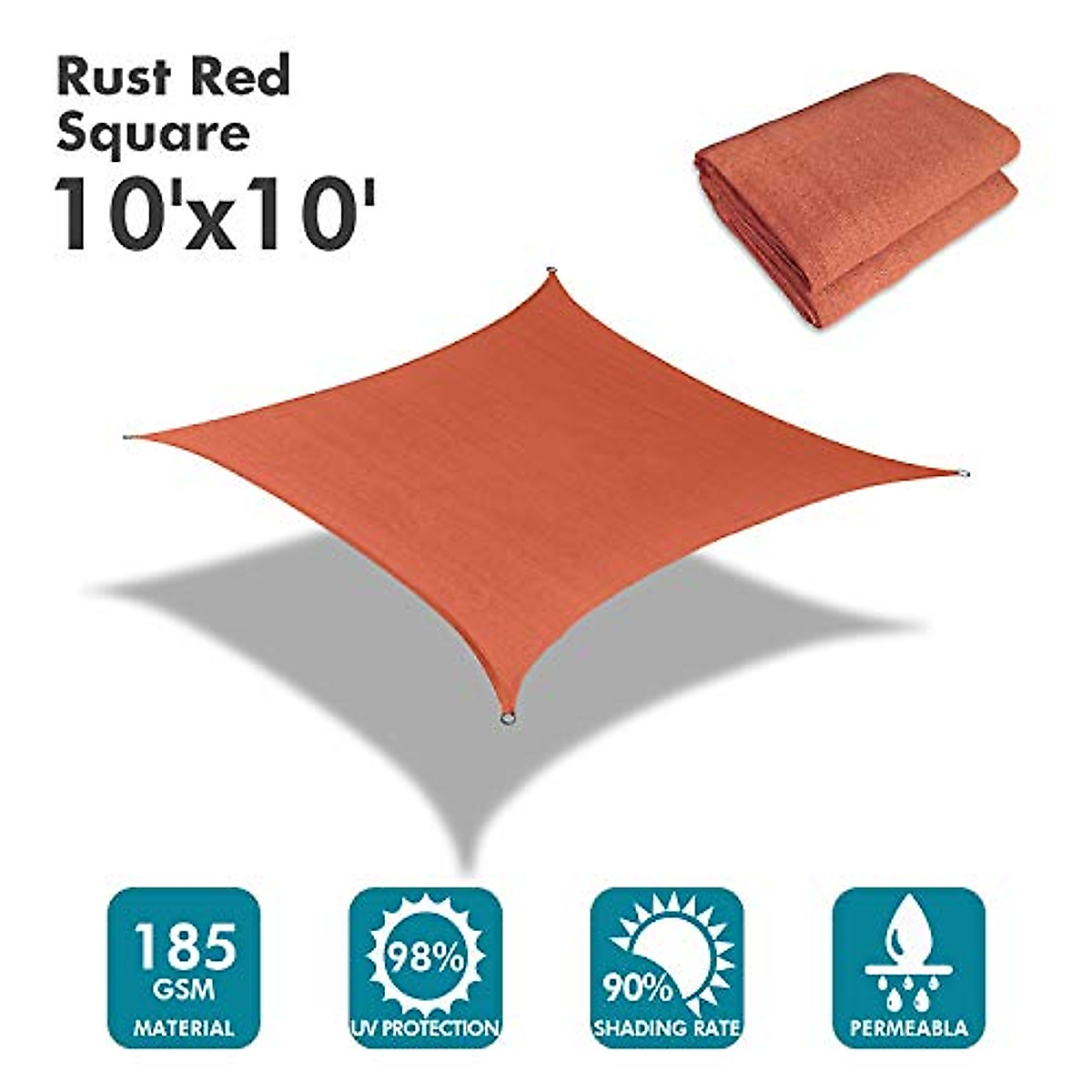 KANAGAWA Sun Shade Sail 10'x10' Rust Red Square UV Block Canopy Awning Shelter Fabric Cloth Screen for Outdoor Patio Garden Backyard Activities
