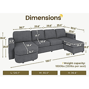 SEDETA U Shaped Couch, Sectional Sofa Couch with Storage Seat, Chenille Dark Grey