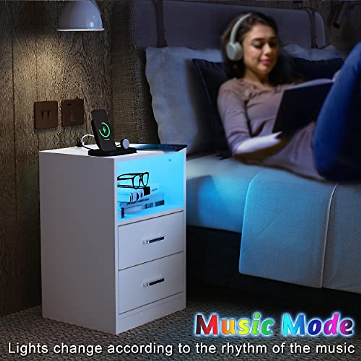 PrimeZone LED Nightstand with Charging Station - Modern End Table Bedside Table with USB Ports & Outlets, Wooden Bedroom Night Stand with 2 Drawers & Open Storage, White