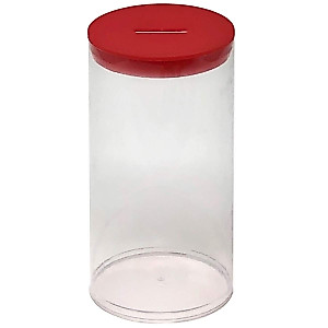 Prestige Import Group - 3" x 6.25" Transparent Clear Plastic (PETG) Charity Donation Fundraising Tip Jar with Red Coin Slot Lid - 4 Pack