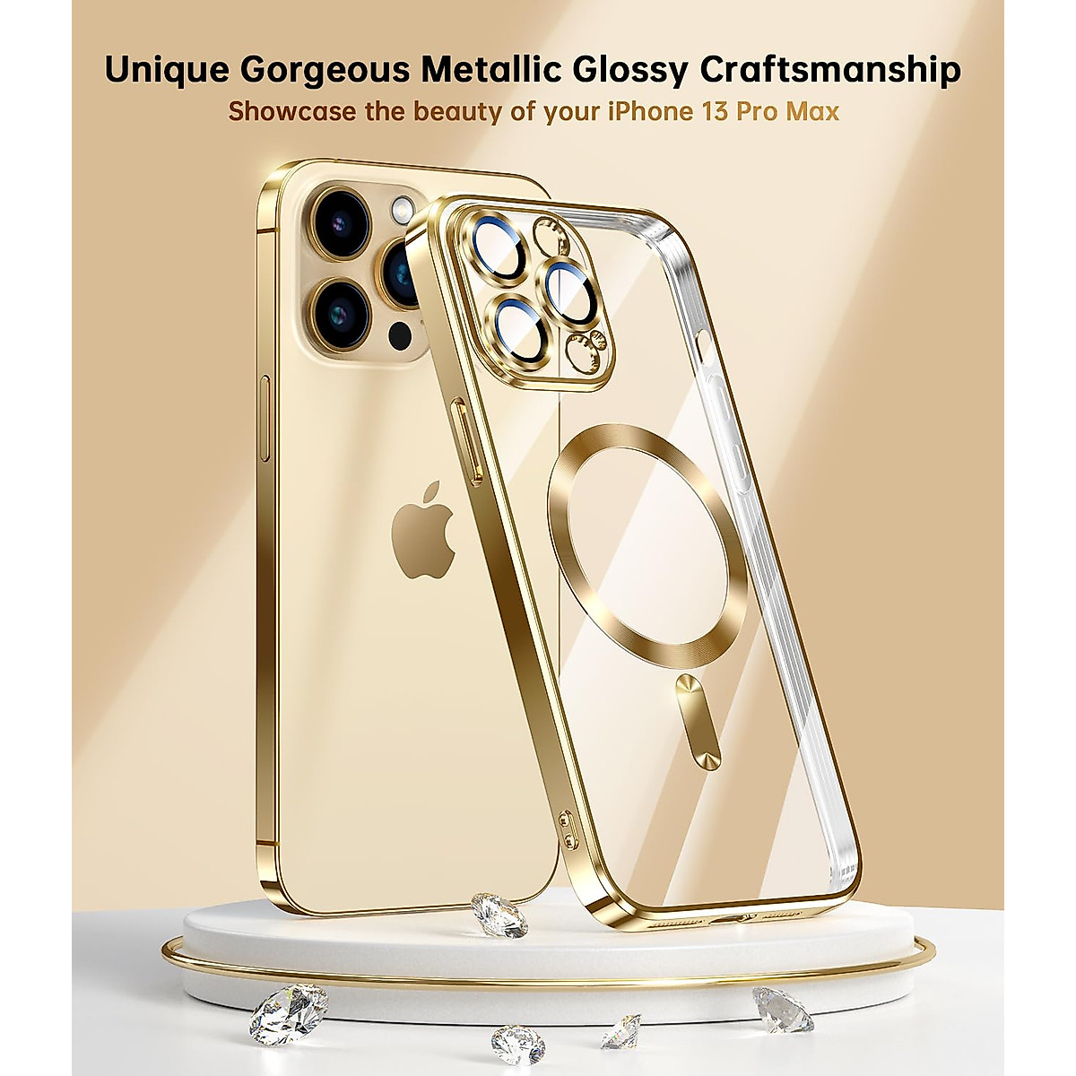 Waldeng for iPhone 13 Pro Max Case with Integrated Camera Lens Protection, [Seamless Work with Magsafe] [Metallic Glossy Soft Bumper], Diamond Clear Stylish Case for iPhone 13 Pro Max 6.7", Royal Gold
