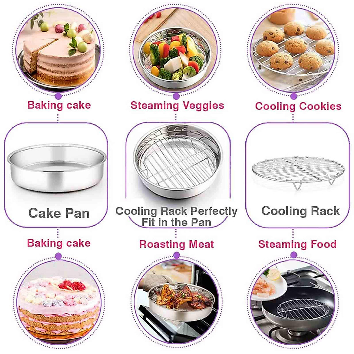 TeamFar 8 Inch Cake Pan and Rack Set of 4, Stainless Steel Round Tier Cake Pans, for Baking Cooling Steaming, Fit in Oven, Pot, Pressure Cooker, Healthy & Mirror Finish, Dishwasher Safe