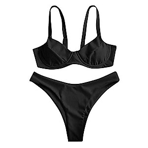 ZAFUL Underwire High Leg Ribbed Bikini Swimsuit Two Pieces Set Black