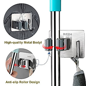 ATTEASAY 4 PCS Broom Holder, broom bracket mop bracket, Broom Gripper Holds Self Adhesive Broom and Dustpan Hanger for Home, Kitchen, Garden, Garage Storage Systems