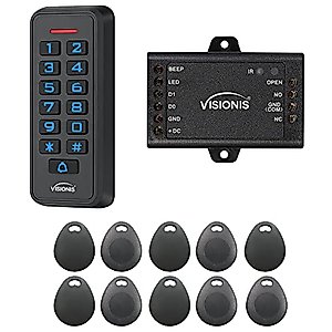 Visionis FPC-6424 VIS-3008 Access Control Black Outdoor IP68 Keypad And Card Reader Standalone With Mini Controller + Wiegand 26, No Software, EM Cards, 1000 Users + 10 Pack Of Proximity Key Tags