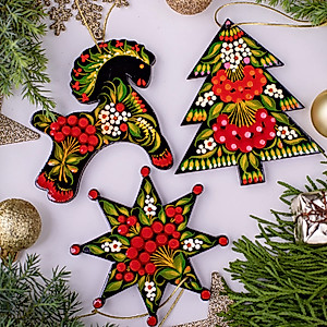 Hand-Painted Christmas Decorations Horse - Star - Tree - 3 Pcs. Set Wooden Painted on Both Sides 9,5 x 9 x 0,5 cm Handmade Christmas Ornaments Folk Art Ukrainian Traditional Petrykivka Craftsmanship