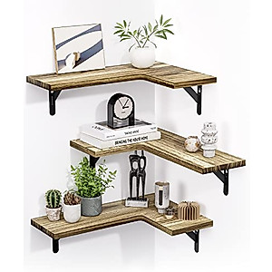 AMADA HOMEFURNISHING Corner Shelves Wall Mounted Set of 3, Rustic Wood Wall Shelves for Bedroom/Bathroom/Living Room/Kitchen/Laundry Room, Floating Shelves for Wall Storage & Decoration, AMFS22