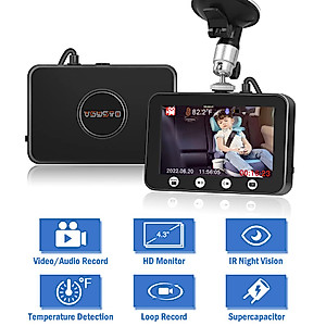 VSYSTO Baby Car Camera Recorder - 4.3" HD Monitor Dash Cam for Back Seat Rear-Facing Monitoring with Strap-Mounted 940nm IR Night Vision Lens & Real-Time Temperature Detection