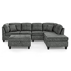 UBGO Furniture, L-Shape Set,Modern Upholstered Living Room Sectional Reversible Chaise,Couches Sofas for Large Space Dorm Apartment-Gray