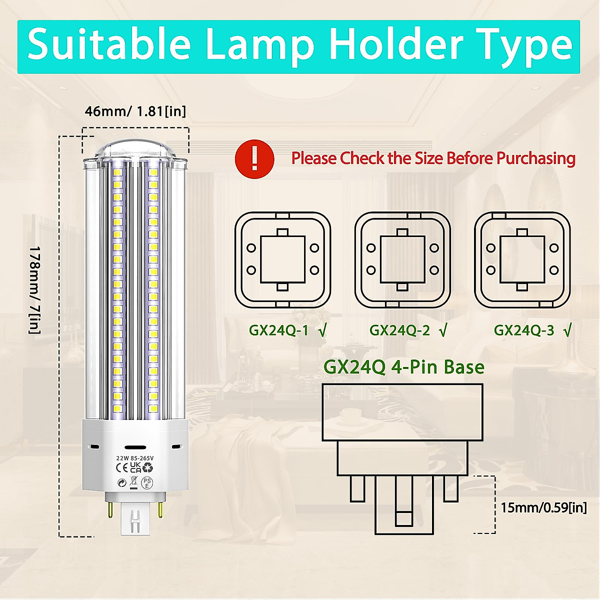 Aluxcia GX24QG24Q LED 4-Pin Base Light Bulb 22W (42W CFLCompact Fluorescent Lamp Equivalent) GX24 LED PL-C Recessed Lamp, RemoveBypass The Ballast, 6000K, 2-Pack, 22 Watts, 2 Pack, Daylight