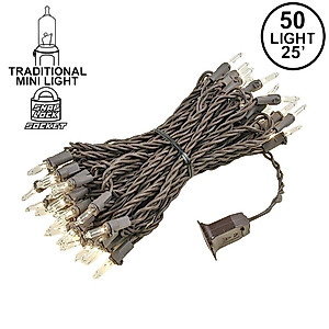 Novelty Lights 50 Light Clear Christmas Mini String Light Set, Brown Wire, Indoor/Outdoor UL Listed, 25' Long