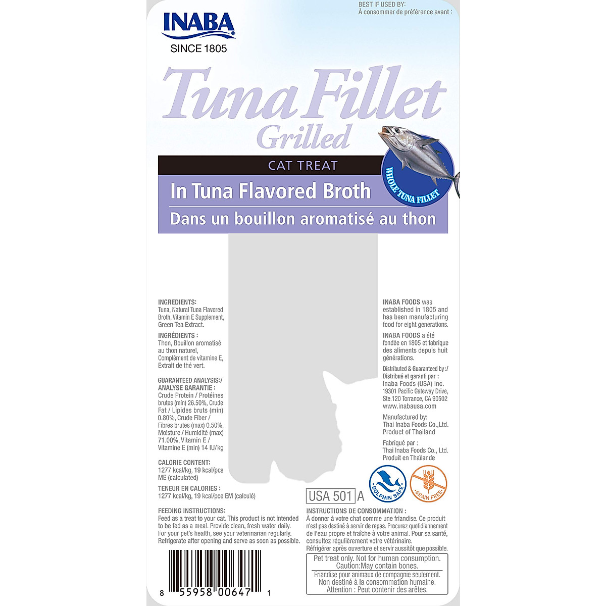 INABA Premium Hand-Cut Grilled Tuna Fillet Cat Treats/Topper with Vitamin E and Green Tea Extract, 0.52 Ounces Each, Pack of 6, Tuna Broth