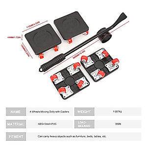 CNQLIS 4 Wheels Moving Dolly with Casters Furniture Dollies Set Lifter and a Pair of Gloves Mover Tool Sets Furniture Movers Ideal for Wood Floors Sofas Bed Safe Load Capacity 350 Lb Black Square