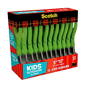 Scotch 5" Soft Touch Blunt Tip Kids Scissors, 12 Count Teacher’s Pack, Green, All-Purpose Scissors for School and Crafts (1442P-12)