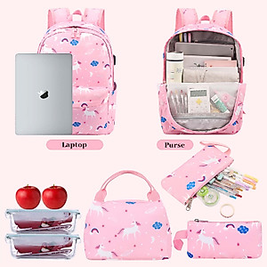 SCIONE Cute School Backpack for Girls, Teens School Bag with USB Charging Port Water-Resistant Pink Canvas Bookbag, Preschool Daypack Elementary BackBag, Back to Shool Supplies Gifts for Kids